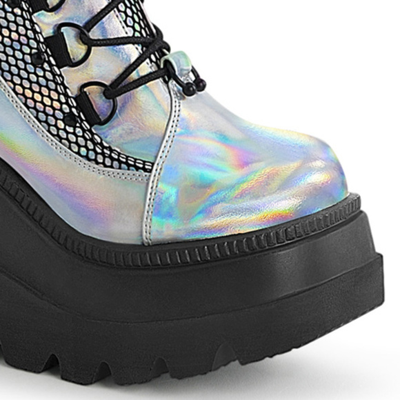 Shoes | Goth Wedge Platform Hologram Lace Up Calf Boots | Poshmark